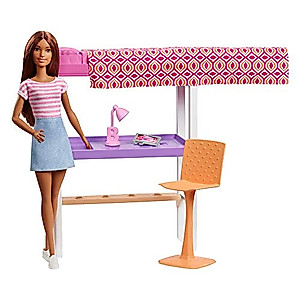 Barbie Doll and Furniture Set, Loft Bed with Transforming Bunk Beds and Desk Accessories, Gift Set for 3 to 7 Year Olds​​​​