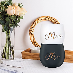dehong Mr & Mrs Stemless Wine Glasses - Set of 2 - Wedding Gifts for Bride & Groom ,His & Hers - Engagement Gifts for Couples Newly Engaged Unique Bridal Shower Gift (A), black, white, gold