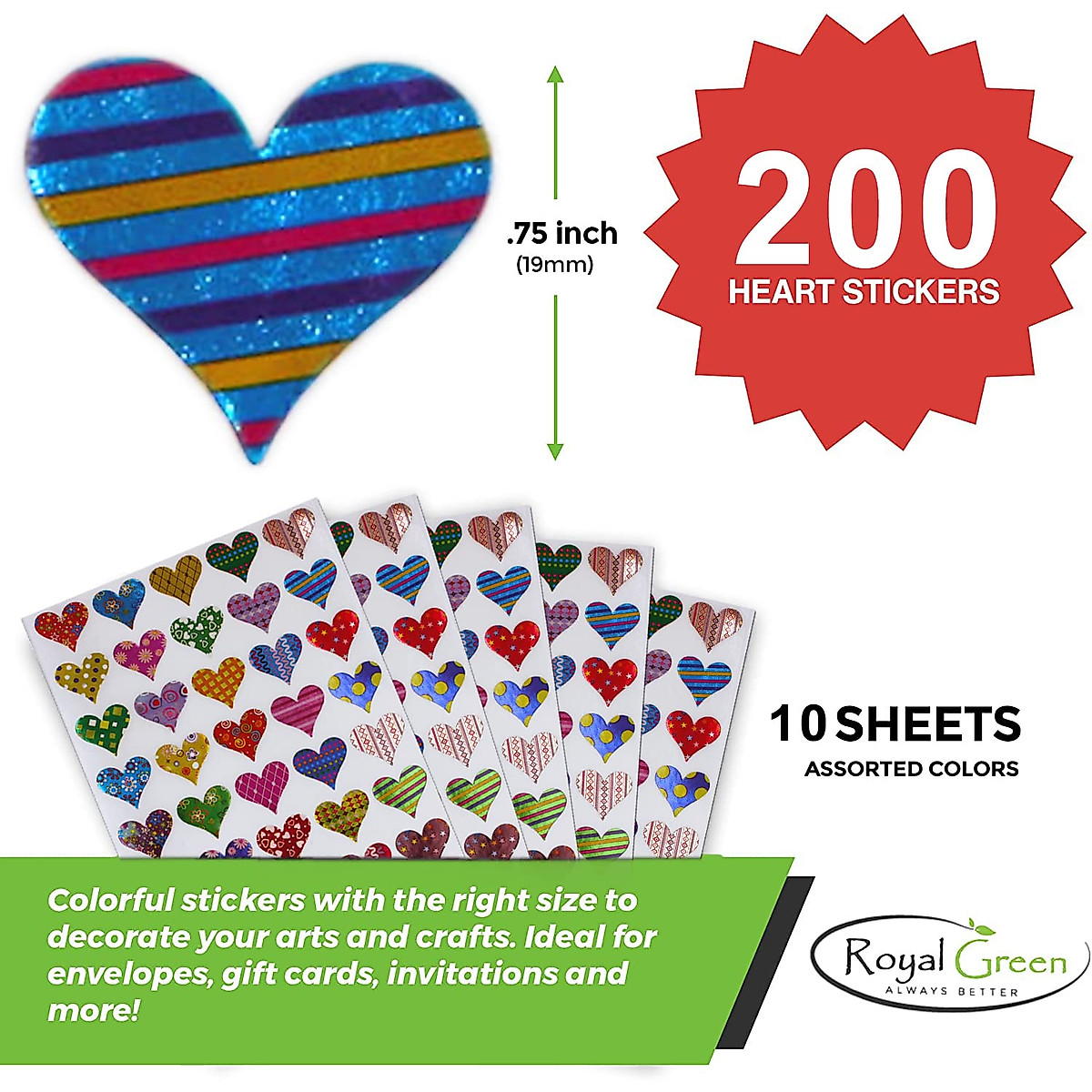 Royal Green Foil Heart Stickers in Gold Heart Shape Labels for Art and Crafts Permanent Adhesive - 400 Pack