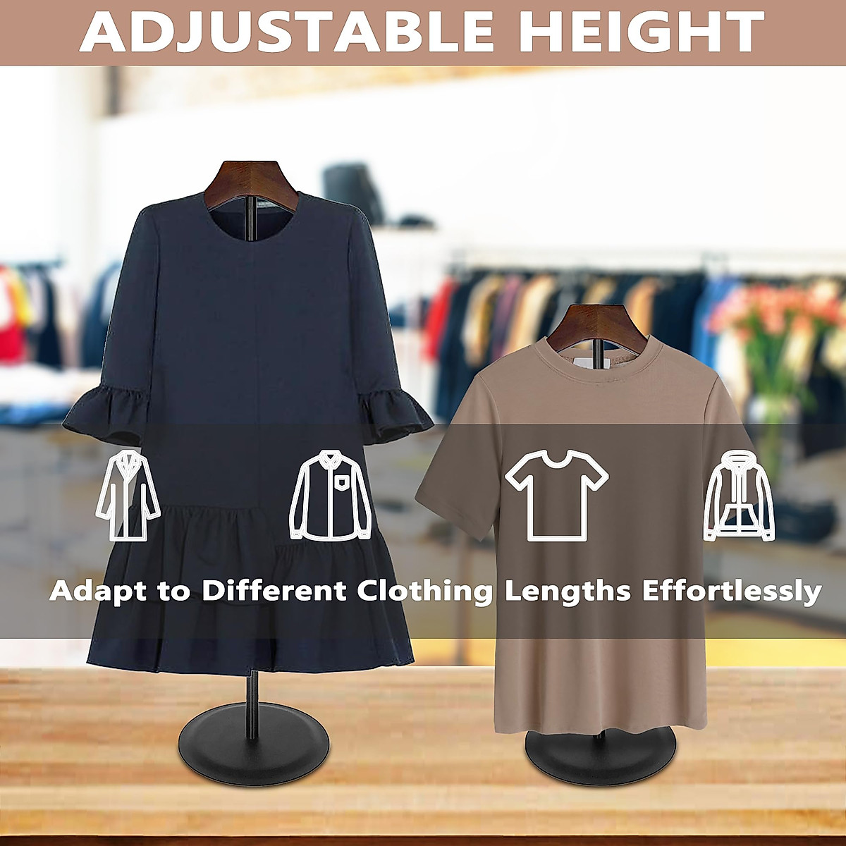 KORETECH 2 Pack Shirt Display 35" Height Adjustable Shoulder Stand Shirt Rack, T Shirt Display Stand for Shops, Steaming Clothes Holder, Black