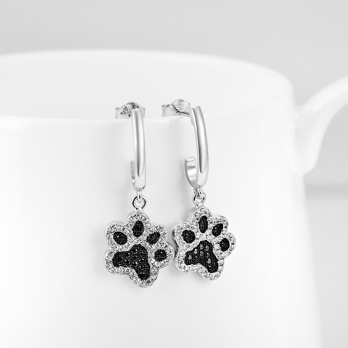 YFN Women Ladies Jewelry 925 Sterling Silver Two-tone Pet Puppy Paw Drop &Dangle Earrings Paw earring Dog Stud Earrings (Dangle Black)