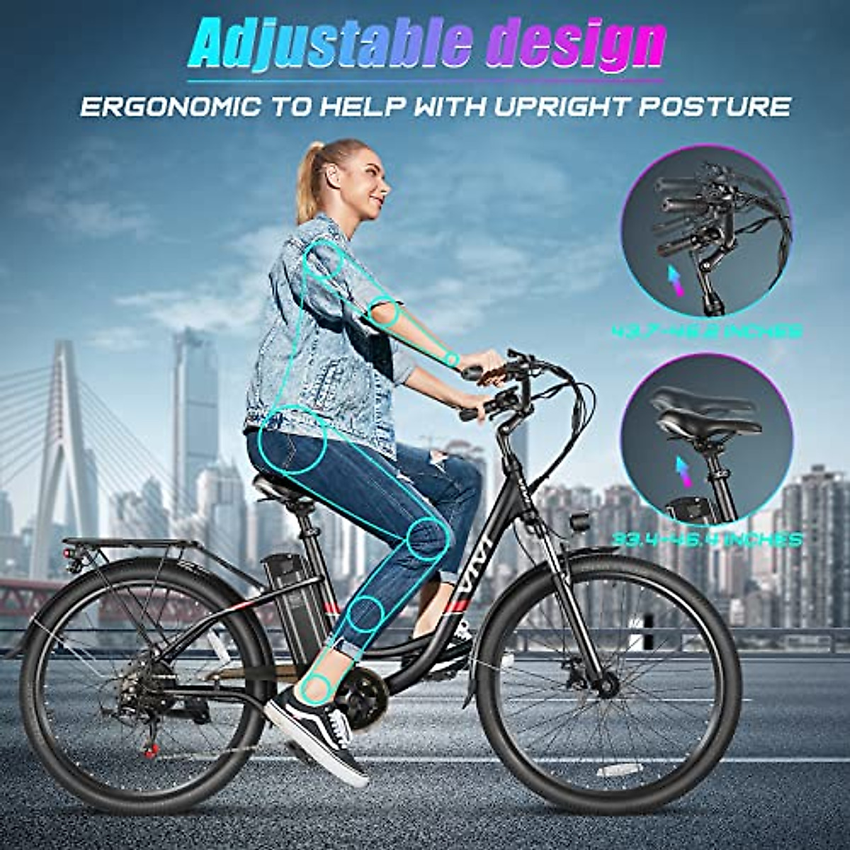Vivi Electric Bike, 26/20 Inch Electric Bicycle for Adults, 500W E-Bike with 48V Removable Battery, Shimano 7 Speed Electric Commuter Cruiser Bike 20MPH & 50 Mile Adult Electric Bikes City Women