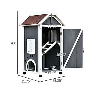 PawHut 43" H Wooden Cat House Outdoor with Hammock, Weatherproof 3-Floor Feral Cat Shelter with Escape Doors, Asphalt Roof, Inside Ladders, Gray