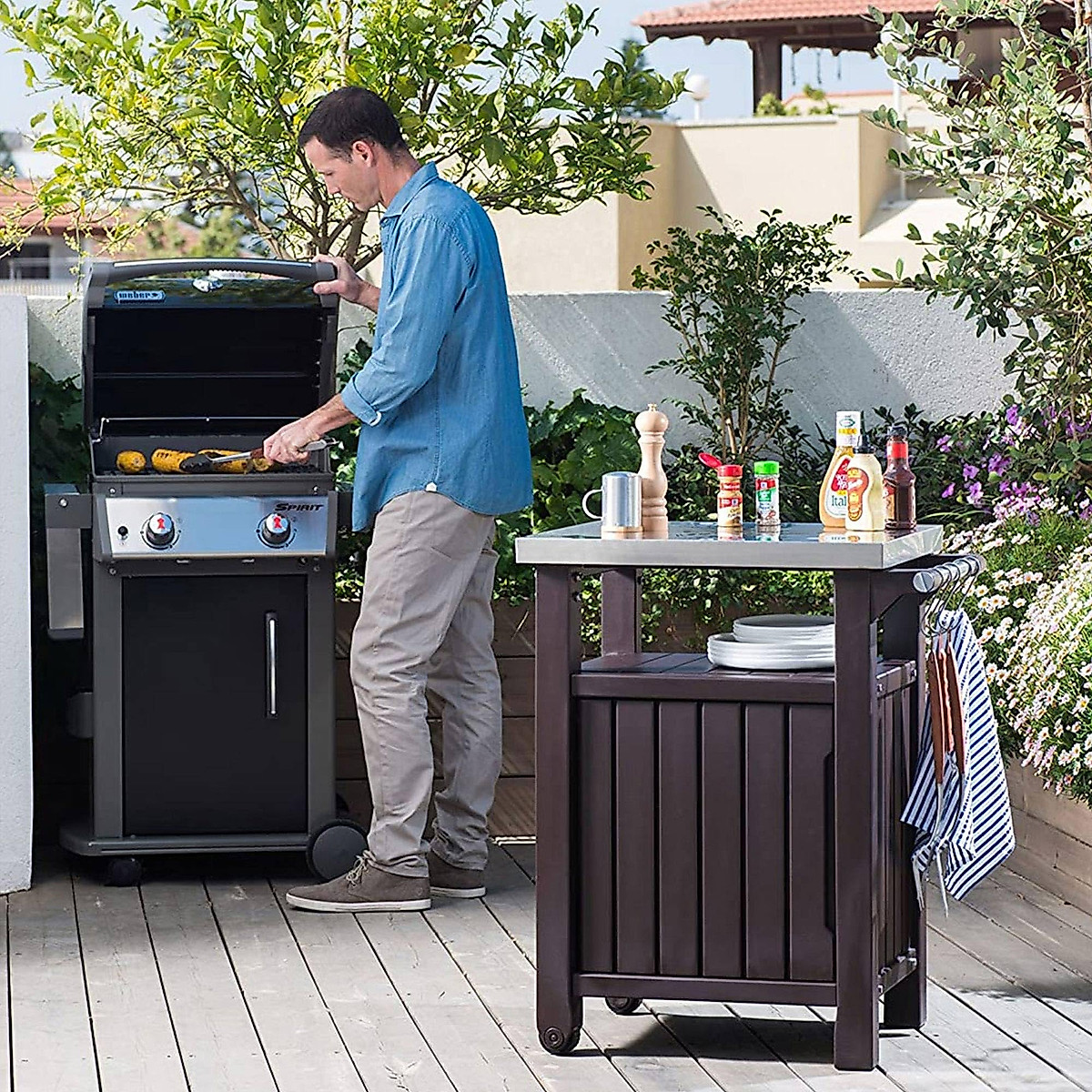 Keter Unity 40 Gallon Stainless Steel Top Grilling Bar Cart with Brightwood 120 Gallon Plastic Outdoor Furniture Storage Deck Box, Brown