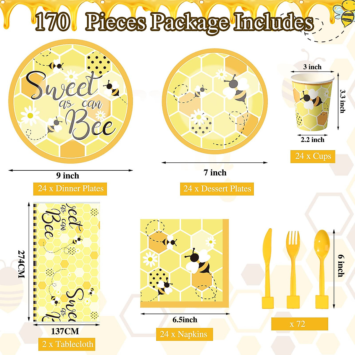 170 Pcs Bee Plates and Napkins Party Supplies Sweet As Can Bee Baby Shower Set Include Tablecloths, Plates, Napkins, Paper Cups, Knife, Fork, Spoon for Baby Shower Birthday Party Supplies, Serves 24