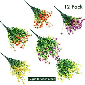 12 Bundles Artificial Flowers Outdoor, UV Resistant Faux Artificial Plants Shrubs Plastic Flower Bulk for Hanging Planter Porch Window Home Wedding Spring Summer Decor(Yellow, Orange, Fuchsia)