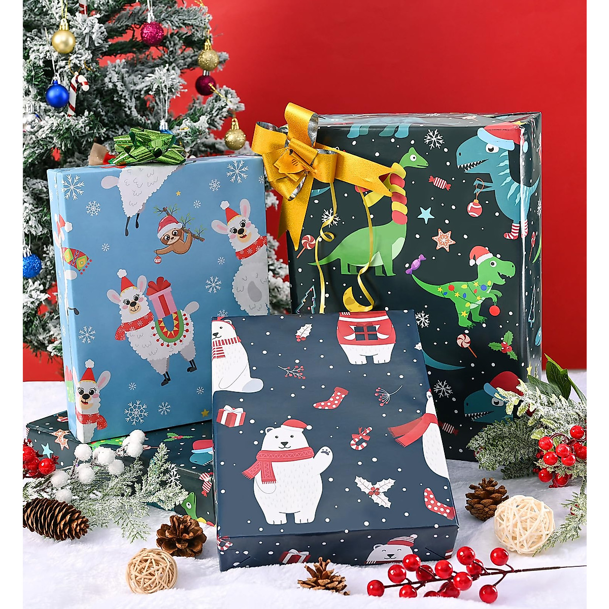 U'COVER Christmas Wrapping Paper for Kids Boys Girls 6 Large Sheet Gift Wrapping Paper for Women Men Christmas Dinosaur,Bear,Llama Sloth Xmas Holiday New Year Wrap Paper Folded Flat 27 * 37inch