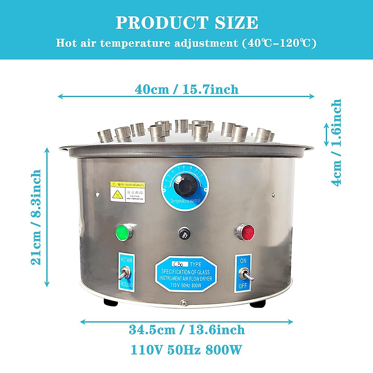 FENROSLY Lab Glassware Dryer with 30pcs Drying Pipes, Electric Air Flow Drying Rack for Glass Test Tubes and Beakers, Stainless Steel Drying Machine Lab Cleaning Equipment 110V