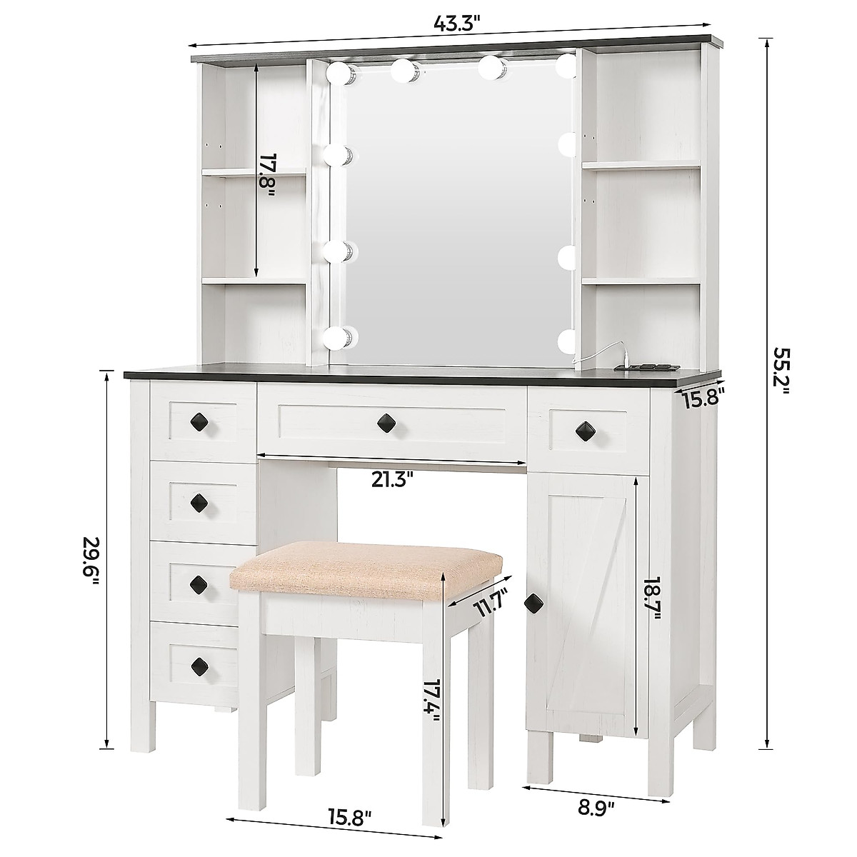 ANWBROAD Farmhouse Make up Vanity Desk with Mirror and Lights 43" Vanity Set with Power Outlet 3 Lighting Colors Adjustable Vanity Table 6 Drawers Storage Shelves Cabinets Stool Bedroom White UBDT60W
