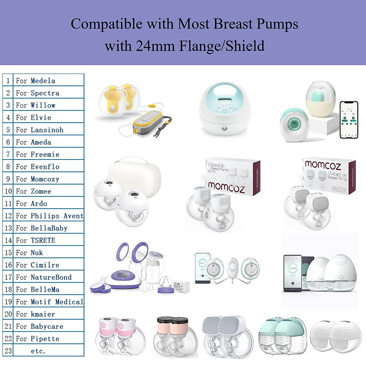 10PCS Flange Inserts 13/15/17/19/21mm for 24mm Flange/Shield of Most Pumps,Compatible with Momcozy/Medela/Elvie/Spectra/TSRETE/Willow/NCVI/kmaier Breast Pumps,Reduce 24mm Tunnel Down to Correct Size