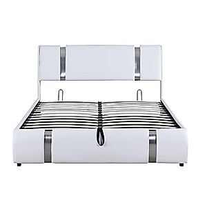 Queen Size Upholstered Bed with Hydraulic Storage, Lift Up Storage Faux Leather Bed with Headboard, Wood Platform Bed Frame for Teens& Adults, Bedroom, No Box Spring Needed, White