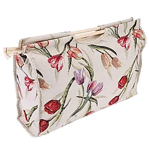 Knitting Tote Bag,Exquisite Practical Wood Handle Woven Fabric Storage Bag for Knitting Needles Sewing Tools(Red Flower)