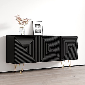 Meble Furniture Giza 3D 63" Sideboard - Modern & Stylish Rectangular Sideboard Table with Three Doors - Durable Engineered Wood Sideboard for Living Room or Dining Area - Black