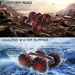 Pussan Gifts for 6-12 Year Old Boys Amphibious Remote Control Car for Kids and Adults 2.4 GHz RC Stunt Car for Boys Girls 4WD Off Road Monster Truck Gifts Remote Control Boat Summer Beach Toy SLC Red