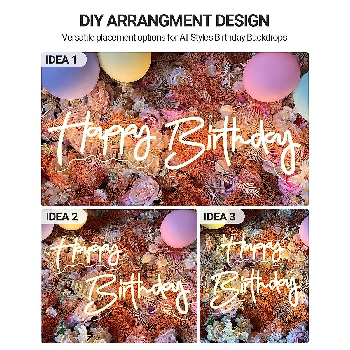 30x8 Inch Happy Birthday LED Neon Sign for Backdrop Decor, Happy Birthday Light Up Sign Adjustable with Stepless Dimmer, 12v Adapter and Hanging Chains for Birthday Party Decoration (Warm White)