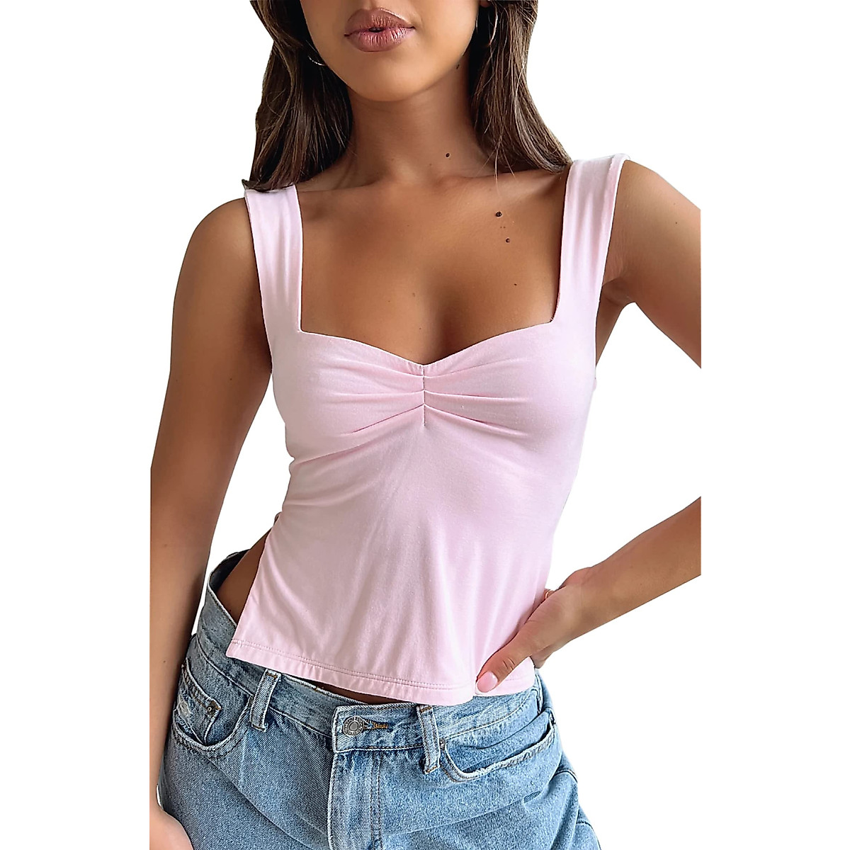 BAIGRAM Women’s Sleeveless Slim Crop Tank Top Sexy Pleated Bustier Sweetheart Neck Strappy Slits Cropped Vest Cami Pink