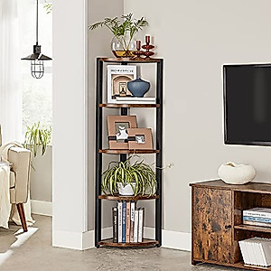 VASAGLE 5 Tier Corner Shelf Stand, Corner Bookshelf, Tall Corner Storage Shelves, Industrial Rack Plant Stand for Living Room, Bedroom, Home Office, Rustic Brown and Black ULLS801B01