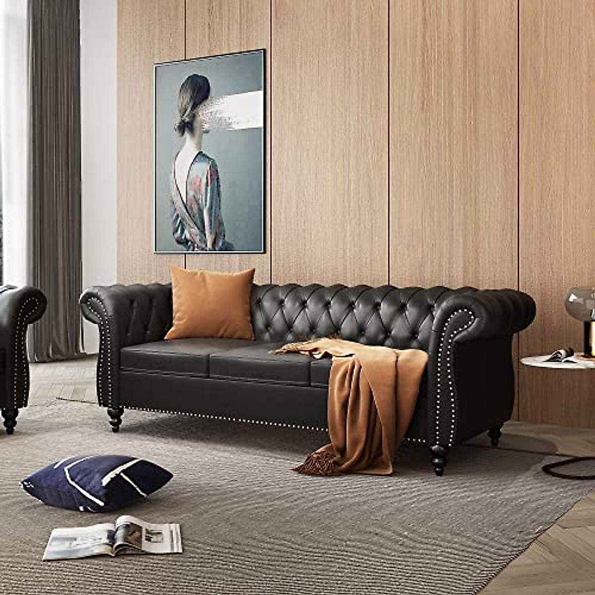 NOSGA Modern 3 Seater Couch, Large Sofa Furniture, Roll Arm Classic Tufted Chesterfield Settee Leather Sofa with Channel Tufted Seat Back for Living Room, Black PU