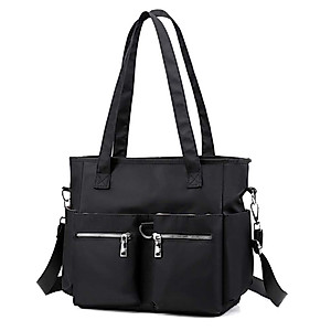 Womens Tote Bags Multi Pocket Soft Nylon Shoulder Bag Waterproof Travel Work Purse and Handbags (Black)