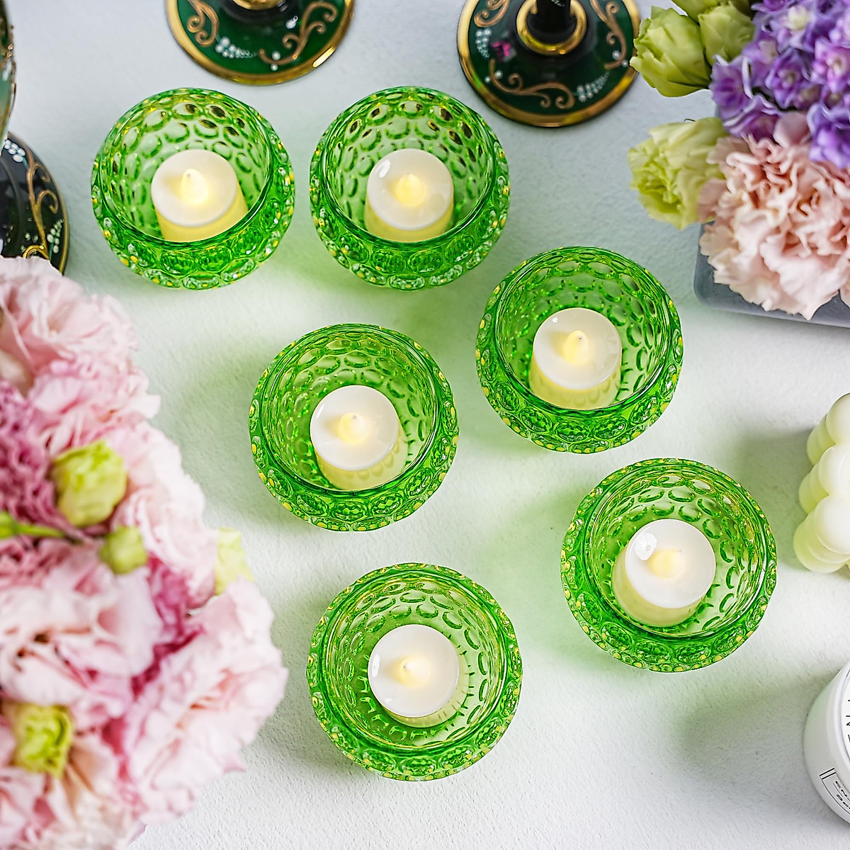 6pcs Green Votive Candle Holders Set of 6 Green Glass Tealight Candle Holders in Bulk Crystal Tea Light Candle Holders for Home Wedding St Patricks Day Decor