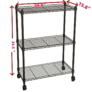 Imseigo 3-Layer Adjustable Metal Storage Shelf,Plastic Coated,1.5" Plastic Wheel Casters，Mobile Iron Organizer Wire Rack，23.6" L x 13.8" W x 33.5" H for Indoor Living Room,Kitchen,Corridor,Bedroom