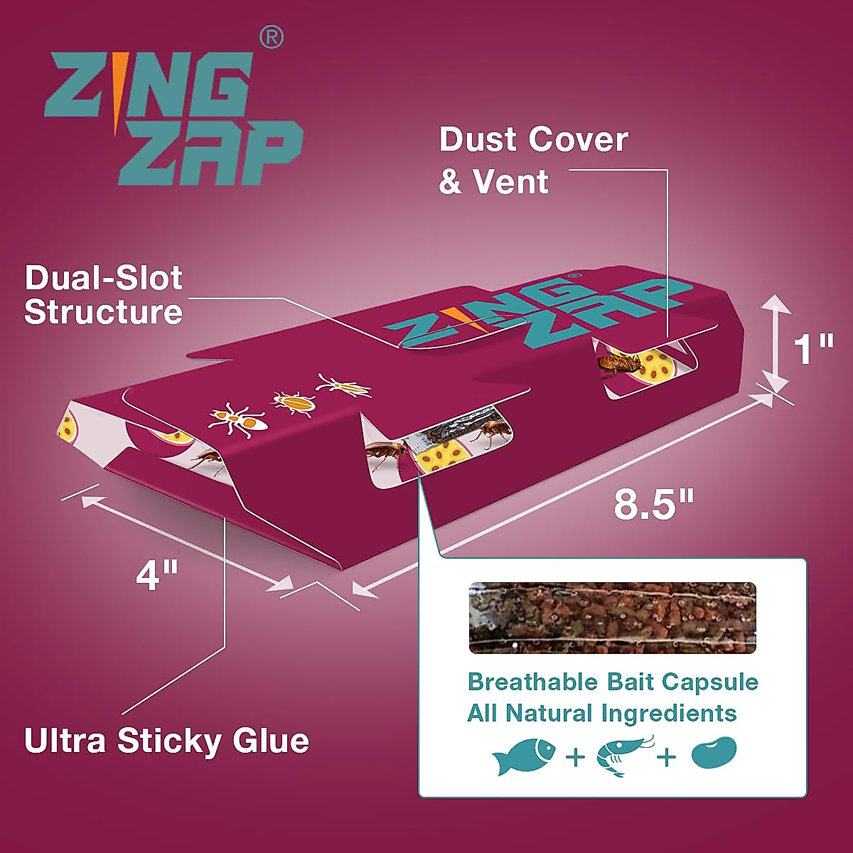 ZingZap Roach Glue Trap Passion Fruit 13-Pack, Capsulated Natural Ingredients Bait, 2X Faster Catch, Sticky Glue Trap for Roaches, Ants, Millipedes, Silverfish & Beetles, Children-&-Pet-Safe