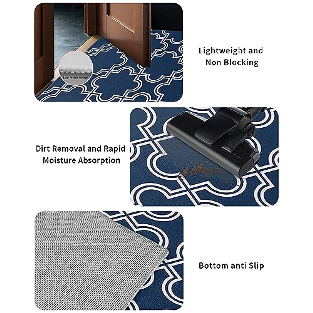 Front Entrance Floor Mats, Non Slip Bathroom/Kitchen Mat Absorbent Durable Small Rugs, Navy Geometric Moroccan Tile Pattern Door Mat Indoor/Outdoor Carpet Shoes Scraper 20x32 inch