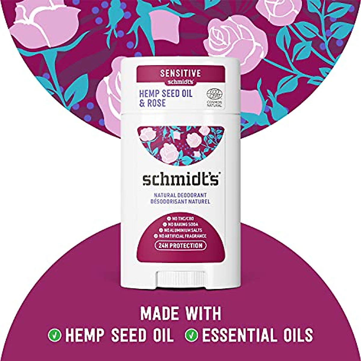 Schmidt's Aluminum Free Natural Deodorant for Women and Men, Hemp Seed Oil & Rose for Sensitive Skin with 24 Hour Odor Protection, Vegan, Cruelty Free 3.25 oz(Packaging may vary)