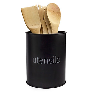 AuldHome Metal Utensil Holder (Black), Enamel Classic Style Round Kitchen Utensil Caddy