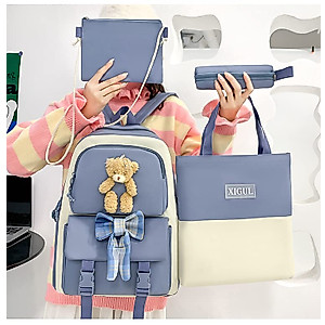 Lokkcy Kawaii Backpack 4Pcs Set with cute plush Pendants & Badge,Japanese School Bag and Backpack for Girls 10-12(Blue)