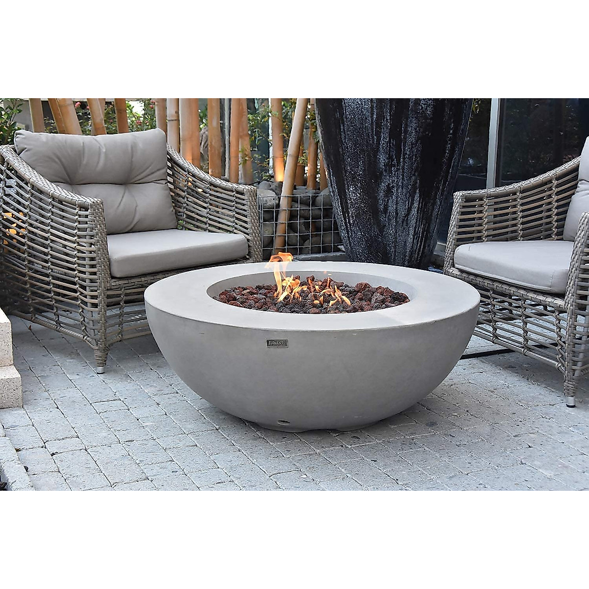 AMS Fireplace Elementi Lunar Bowl Cast Concrete Fire Table, Outdoor Fire Pit Fire TablePatio Furniture, Stainless Steel Burner, Canvas Cover and Lava Rock Included, Free Wind Guard (Natural Gas)