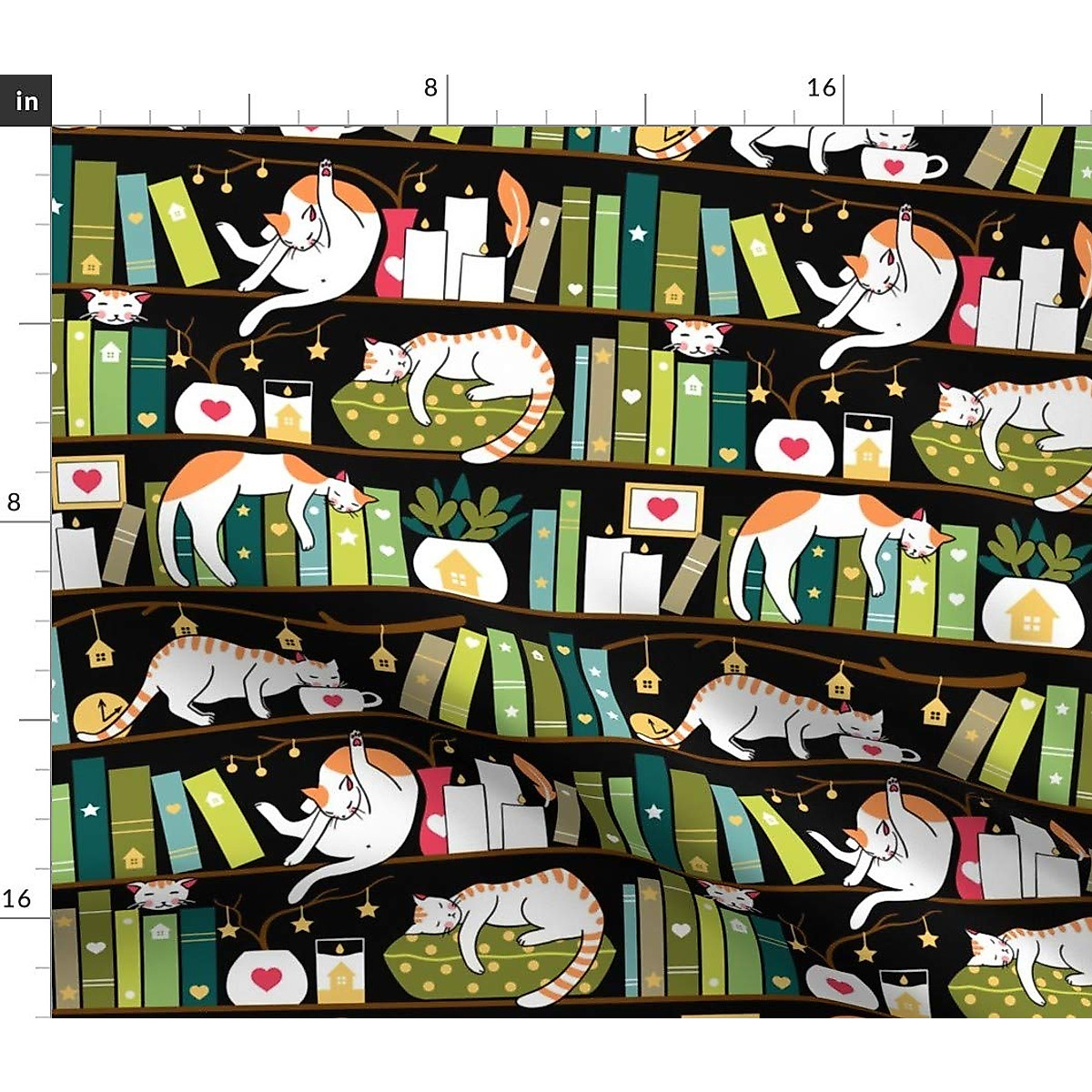Spoonflower Fabric - Library Cats Cat Book Candle Bookshelf Hygge Books Cute Home Pet Printed on Petal Signature Cotton Fabric by The Yard - Sewing Quilting Apparel Crafts Decor