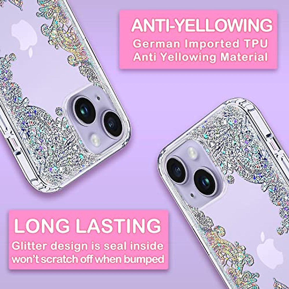 Coolwee Anti Yellowing Clear Glitter Compatible iPhone 14 Case, 6.1 inch, Military Grade Drop Protection Slim Crystal Lace Bling Floral Hard PC Soft TPU Bumper Cover Mandala Henna