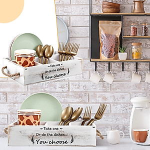 Paper Plate Holder Kitchen Countertop Plate Organizer Utensil Holder Rustic Utensil Caddy Paper Plate Dispenser Cutlery Holder Farmhouse Kitchen Decor with 4 Compartments for Flatware Spoon