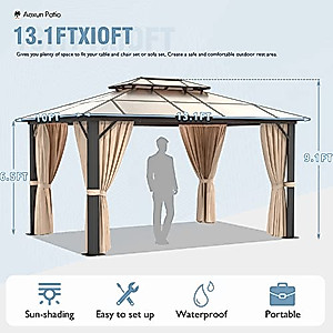 Aoxun Hardtop Gazebo, Outdoor Polycarbonate Double Roof Aluminum 10'x 13' Gazebo with Netting and Curtains for Deck Backyard Wedding Garden