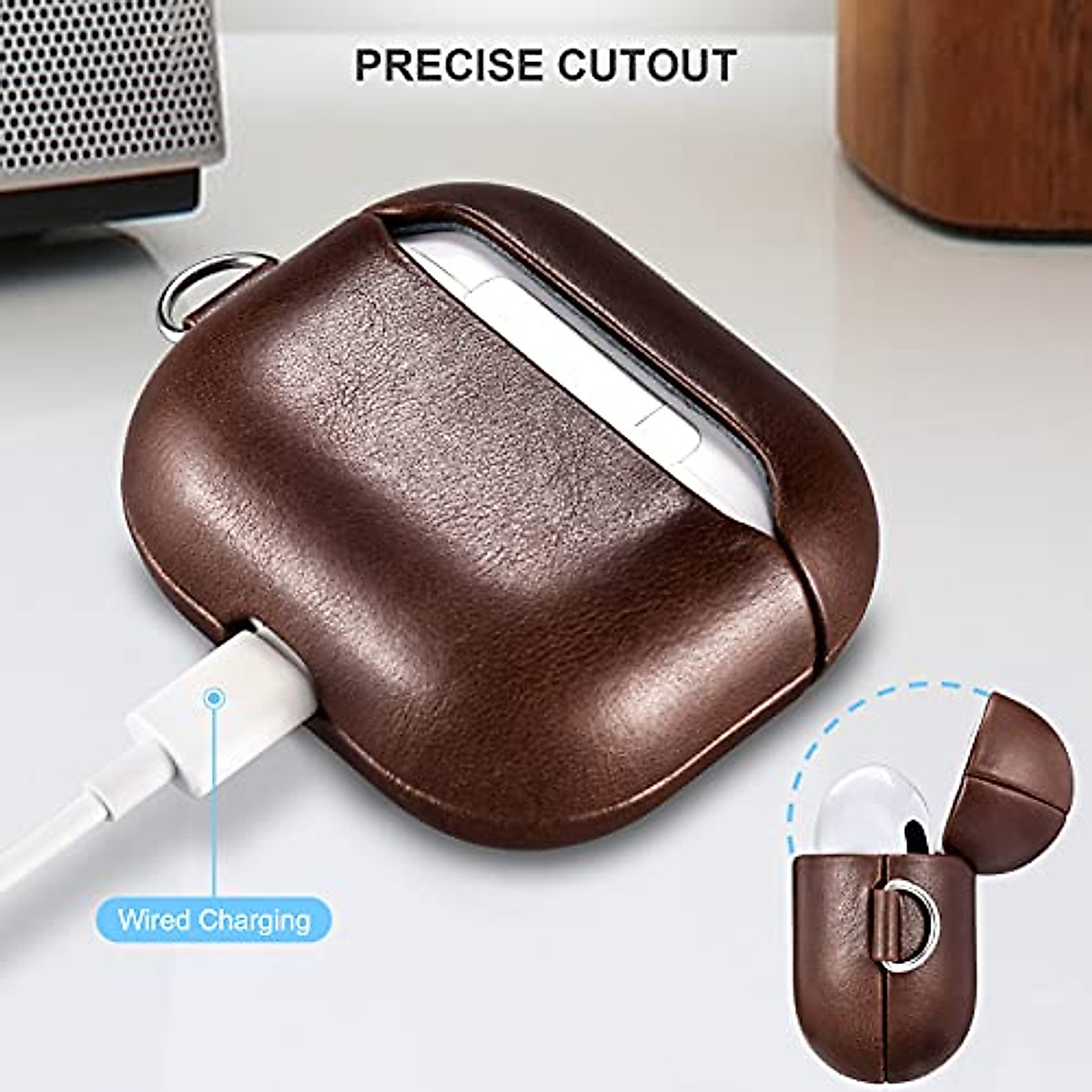 CEENFFO Genuine Leather Case for AirPods 3 (2021), Compatible with AirPods 3 Case Leather with Lanyard, Supports Wireless Charging and Front LED Visible for Case