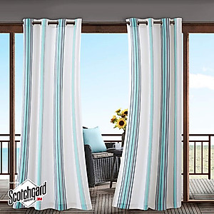 Madison Park Newport Striped Outdoor Single Window Curtain Panel for Garden with 3M Scotchgard for Moisture Repellent, Weather Resistant, Long-Lasting Protection, 1-Panel Pack, 54" W x 108" L, Blue