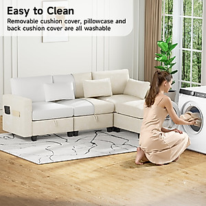 Winlice Oversized 3 Seats Sofa Couch, Modular Sectional Sofa with Storage Space for Apartments, Living Room and Commercial Space, Beige