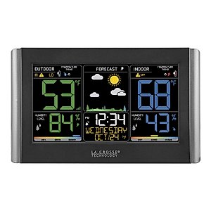 La Crosse Technology Weather Station with Customizable Alerts, Weather Forecast, Temperature, Dew Point, Humidity, Time, Heat Index, Large Display, Adjustable Brightness, Wireless, Black, C85845-INT