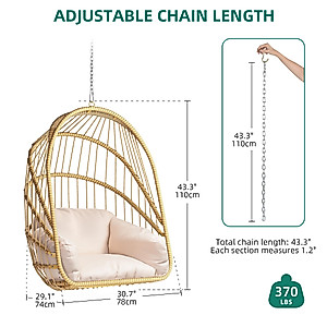 YITAHOME Swing Egg Chair with Cushions 350lbs, Wicker Hammock Chair Foldable Hanging Basket Chair W/O Stand for Outdoor, Indoor, Patio, Bedroom - Beige