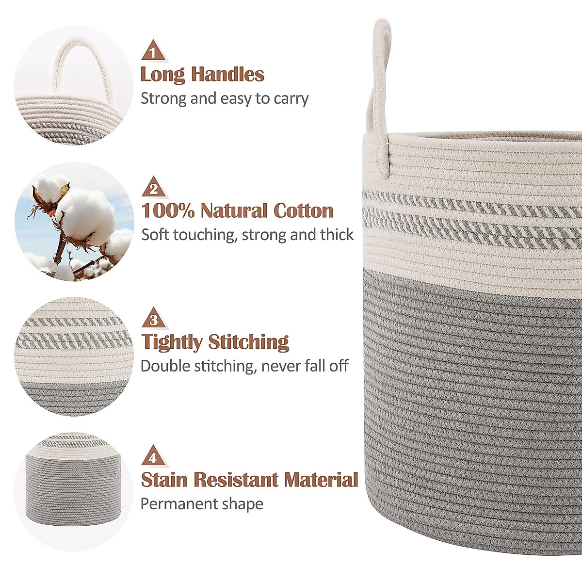 TECHMILLY Woven Rope Laundry Hamper Basket, Tall Laundry Basket Storage, Baby Nursery Hamper for Blanket, Clothes Hamper for Laundry in Bedroom and Living Room Organizing, Small, 42L, Grey