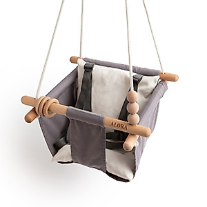 Alora Baby Swing Seat - Hanging Swing Seat with 5-Point Harness Safety Belt, for Baby, Toddler, Tree Swing, Playground, Indoor & Temporary Outdoor Swing, - Two Toned (Grey & White)