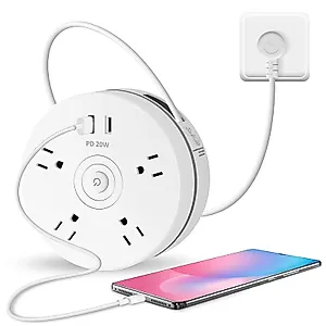 Happlee Retractable Surge Protector Power Strip 4 Widely Outlets 2 Fast Charging USB Ports (USB C USB A) PD 20W with Retractable Extension Cord, Wall Mount Travel Power Strip for Home Office Travel