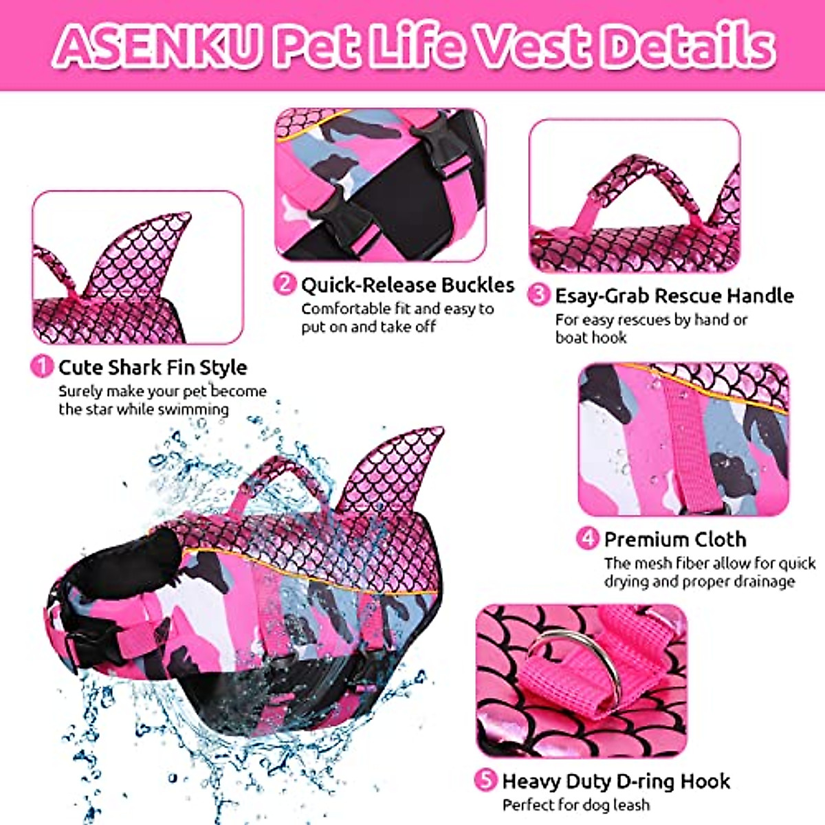ASENKU Dog Life Jackets, Ripstop Pet Floatation Life Vest for Small, Medium, Large Size Dogs, Dog Lifesaver Preserver Swimsuit for Water Safety at The Pool, Beach, Swimming, Boating (XL,Pink Shark)