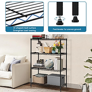 WYGMAV 4 Tier Shelf Metal Wire Shelving Unit Adjustable Storage Shelves Storage Rack Heavy Duty Steel Standing Shelf Units for Restaurant, Garage, Kitchen Metal Shelves with Feet Leveler, Black