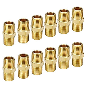 HQMPC Solid Brass Pipe Fitting Male Pipe, Hex Nipple Gas Connect Adapter Brass Union Coupler Adapter Gas x Flare Fittings 1/4"NPT 12Pcs
