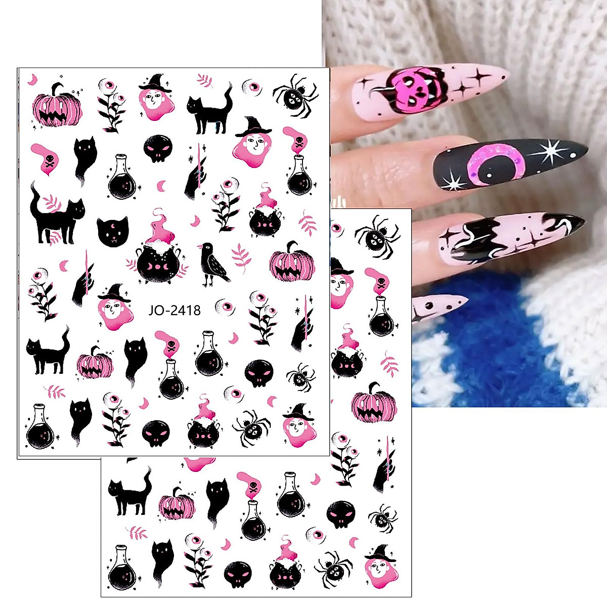 JMEOWIO 12 Sheets Halloween Nail Art Stickers Decals Self-Adhesive Pegatinas Uñas Cute Ghost Pumpkin Pink Nail Supplies Nail Art Design Decoration Accessories