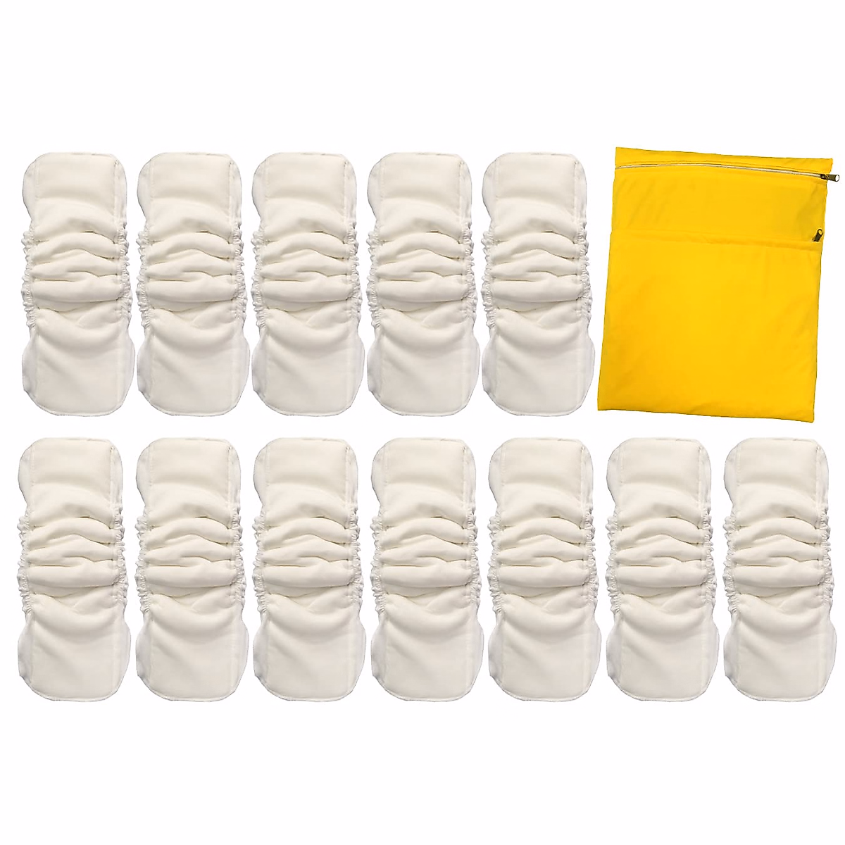 Vlokup Baby Waterproof Cloth Diaper Inserts 5 Layer with Gussets, 12 Pack, for Newborn Toddler Kids, Nature Bamboo Cotton Nappy Liner for Pocket Diaper, Reusable Washable Absorbent with Wet Bag