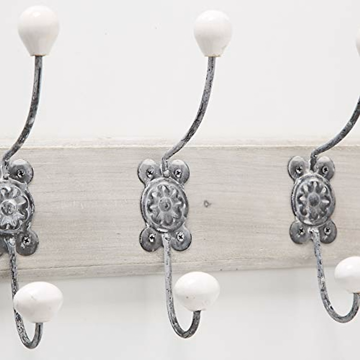 French Country House Wall Rack, 5 Hooks, Shabby Distressed Finish, Rustic White, Weathered Gray Wood, Vintage Inspired, Porcelain Caps, 22.75 L x 4.75 W x 8.25 H Inches