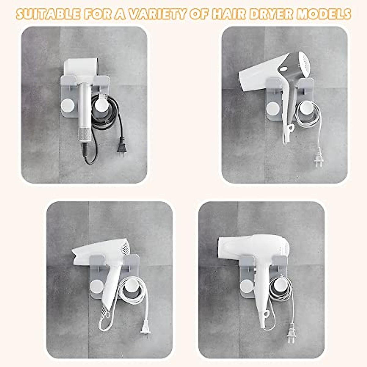 Hair Dryer Holder Wall Mounted, Self Adhesive Blow Dryer Holder with Wire Organizer, Bathroom Hair Dryer Rack for Most Hair Dryers, Removable Hair Care Tool Holder (Gray)